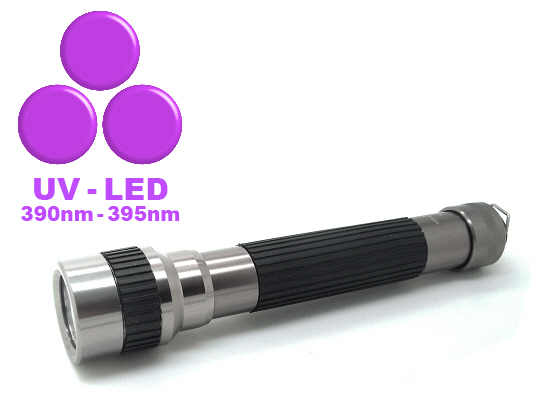 390 nm - 395 nm UV UltraViolet, 3 LED linterna, tipo de bateria dos AA